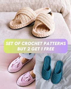Crochet Slippers Pattern Set of 3 Crochet Slippers Patterns Handmade Cotton Shoes Step-by-step Video Tutorial DIY Pattern Bundle 2+1 Free - Etsy