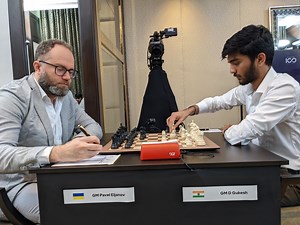 3.8K views · 119 reactions | GM D Gukesh (2720) faces Ukraine no.1 GM Pavel Eljanov (UKR, 2691) in the sixth round of Chennai Grand Masters 2023. #Chess #ChessBaseIndia #ChennaiGrandMasters #ChennaiGM #Chennai #TamilNadu #Ukraine #India | ChessFam | Facebook